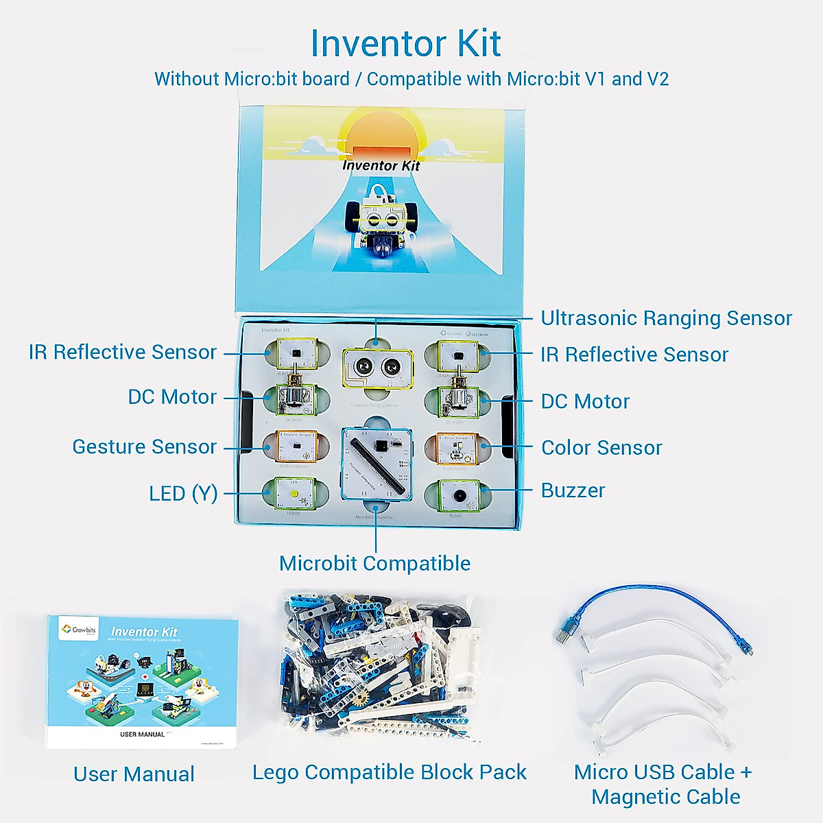 Programming Kit Compatible with Micro:bit, 12-in-1 Kids Graphics Programming, Robot Toy for Learning Code, Magnetic Electronic Module, Crowbits Inventor Kit (Micro:bit Not Included)