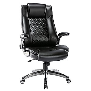 COLAMY High Back Office Chair-Executive Computer Office Chair with Flip-up Arms Adjustable Height Swivel Chair, Thick Padded Leather for Comfort and Ergonomic Design for Lumbar Support (300lbs, Black)