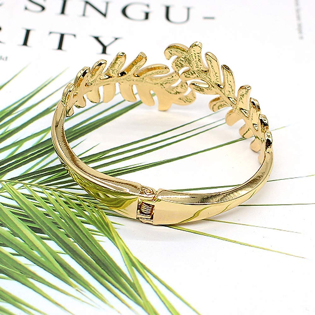 Sparkly Rhinestone Leaf Hinge Bangle Bridal Wedding Statement Bracelet Crystal Adjustable Cuff Bracelets Gold Platinum Tone Women Lover Gifts