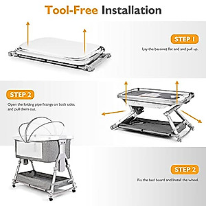 SPS Baby Bassinet Bedside Sleeper with Storage Basket and Wheels,Easy Folding Bedside Crib,Adjustable Height Portable Baby Bed for Newborn Infant