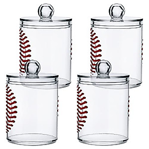 WELLDAY Apothecary Jars Bathroom Storage Organizer with Lid - 14 oz Qtip Holder Storage Canister, Sport Baseball Print Clear Plastic Jar for Cotton Swab, Cotton Ball, Floss Picks, Makeup Sponges,Hair