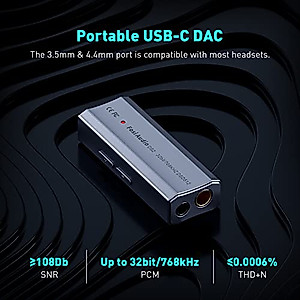 Fosi Audio DS2 Portable USB C DAC DSD512 ES9018K2M Headphone Amp HiFi Tiny Mixer with 3.5MM and 4.4MM Dual Headphone Outputs for Smartphones/PC/Laptop