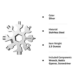 Desuccus 18-in-1 Snowflake Multi Tool, Bottle Opener/Flat Phillips Screwdriver Kit/Wrench, Stocking Stuffers for Men(Standard-Stainless Steel)