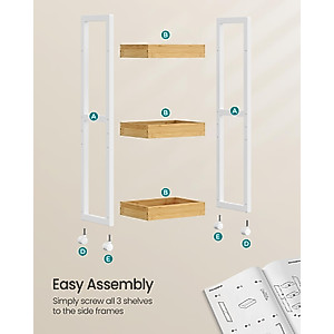 SONGMICS Bamboo Rolling Cart, 3-Tier Utility Cart on Wheels, Slim Narrow Storage Shelf, Bamboo Shelves, Space-Saving, Multifunctional, for Bathroom, Kitchen, White and Natural UBCB083N02