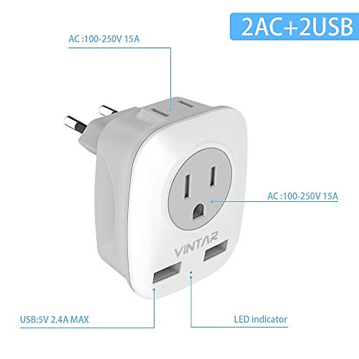[3-Pack] European Travel Plug Adapter, VINTAR International Power Plug Adapter with 2 USB Ports,2 American Outlets- 4 in 1 Travel Essentials to France, Germany, Greece, Italy, Israel, Spain (Type C)