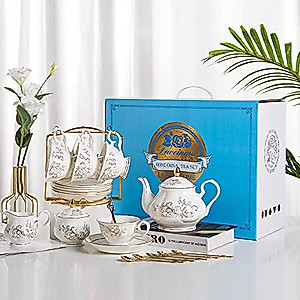 Daveinmic 22-Pieces Porcelain Bone china Tea Sets,Gold Rim Coffee Set with Golden Metal Rack,Cups,Saucers,Spoons,Teapot,Sugar Bowl,Creamer Pitcher,Tea Gift Sets for Home&Party(Gold Rim phoenix set)