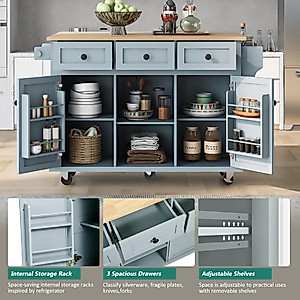 LUMISOL Kitchen Island with Drop Leaf, Rolling Kitchen Island Cart with Internal Storage Racks, Wood Kitchen Island on Wheels with Drawers, Spice Rack & Towel Rack, for Kitchen, Gray Blue
