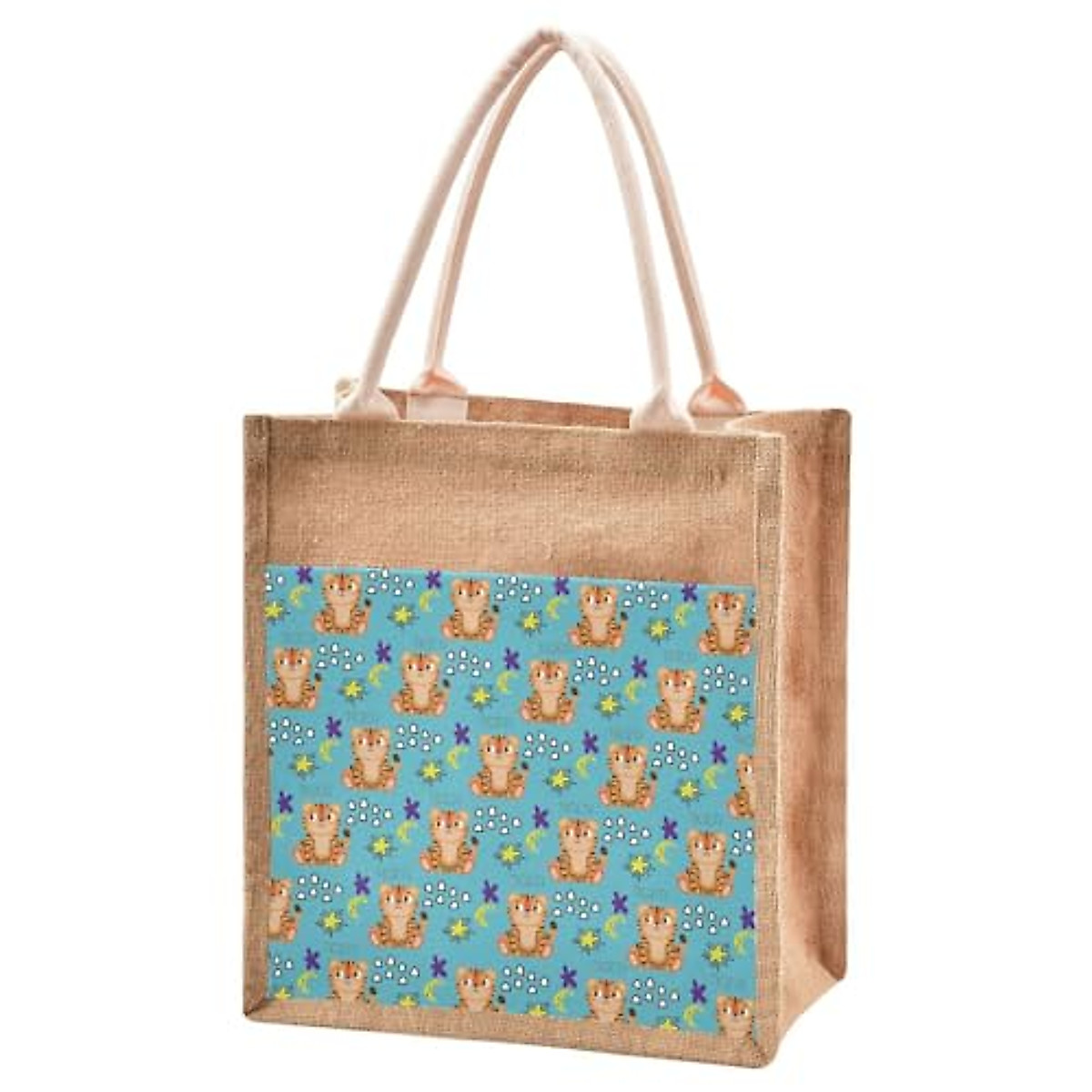 Jute Burlap Tote Bag Blue Tiger Animal Cute Star Moon Dots Large Capacity Reusable Grocery Shopping Storage Bag