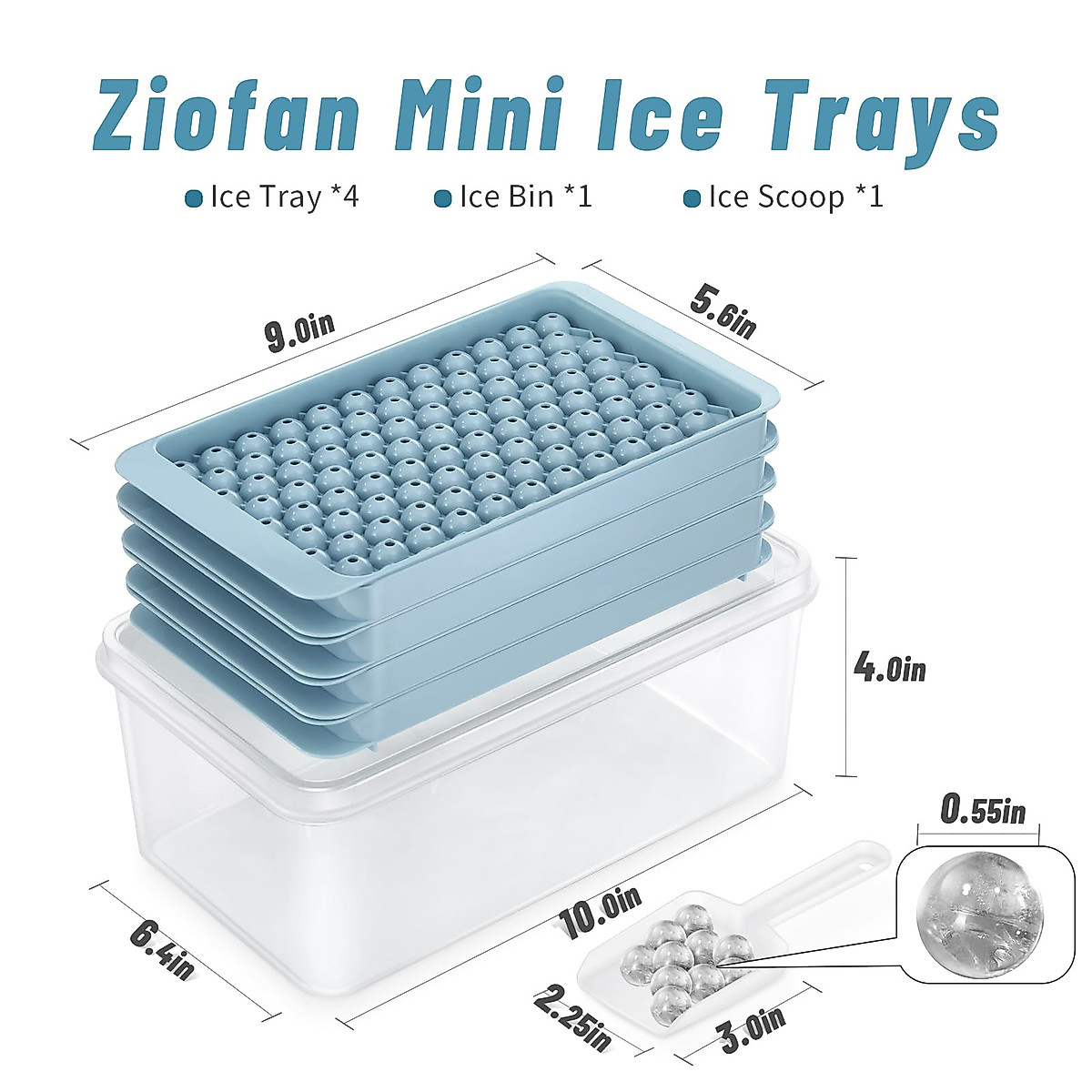 Ziofan Mini Ice Cube Tray with Lid and Bin, 104x4 Pcs Tiny Round Crushed Ice Trays for Freezer, Easy Release for Chilling Drinks, Coffee, Cocktail, Juice (Blue) 4 Pack