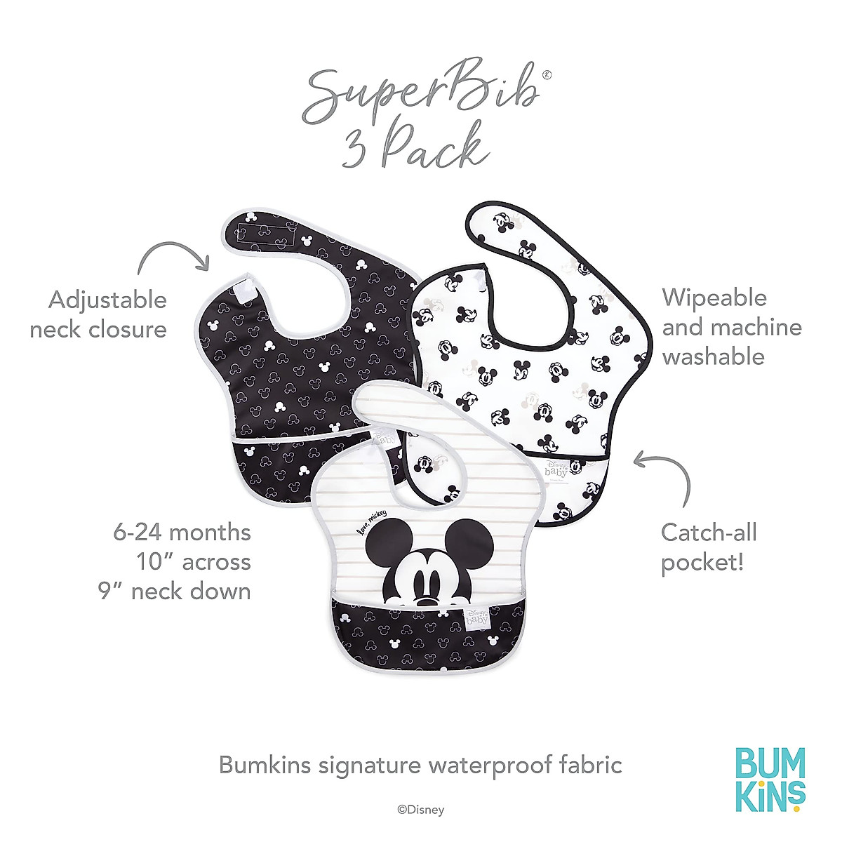 Bumkins Disney Bibs for Girl or Boy, SuperBib Baby and Toddler for 6-24 Months, Essential Must Have for Eating, Feeding, Baby Led Weaning, Mess Saving Waterproof Soft Fabric, 3-pk Mickey Mouse Icon