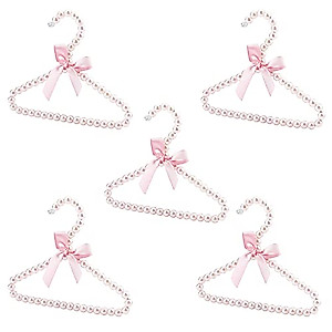 AHANDMAKER 5 Pack Pearl Beads Metal Elegant Clothes Hangers, Small Pet Hanger Plastic Pearl Beaded Clothes Hangers, for Pet Cats and Dogs, Puppet Clothes (Pink)