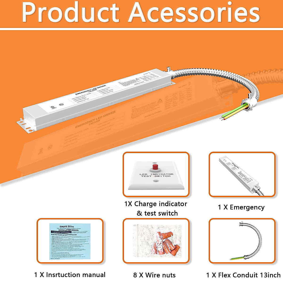 20W LED Emergency Light Driver 100-347V AC,175V DC,Rechargeable Emergency Driver Backup Battery, Over 90 Mins Emergency Time,for LED troffer, Linear Light,UL Listed 5-Year Warranty (10-Pack)