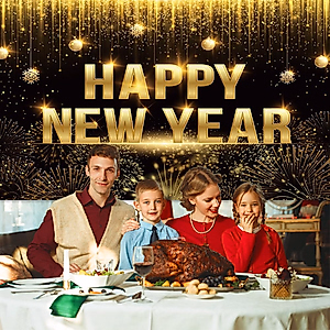 AIBIIN 7x5ft Happy New Year Backdrop Black Gold Glitter Bokeh Fireworks Photography Background Golden Sparkle Spots 2025 New Year Party Decoration Photo Studio Booth Props