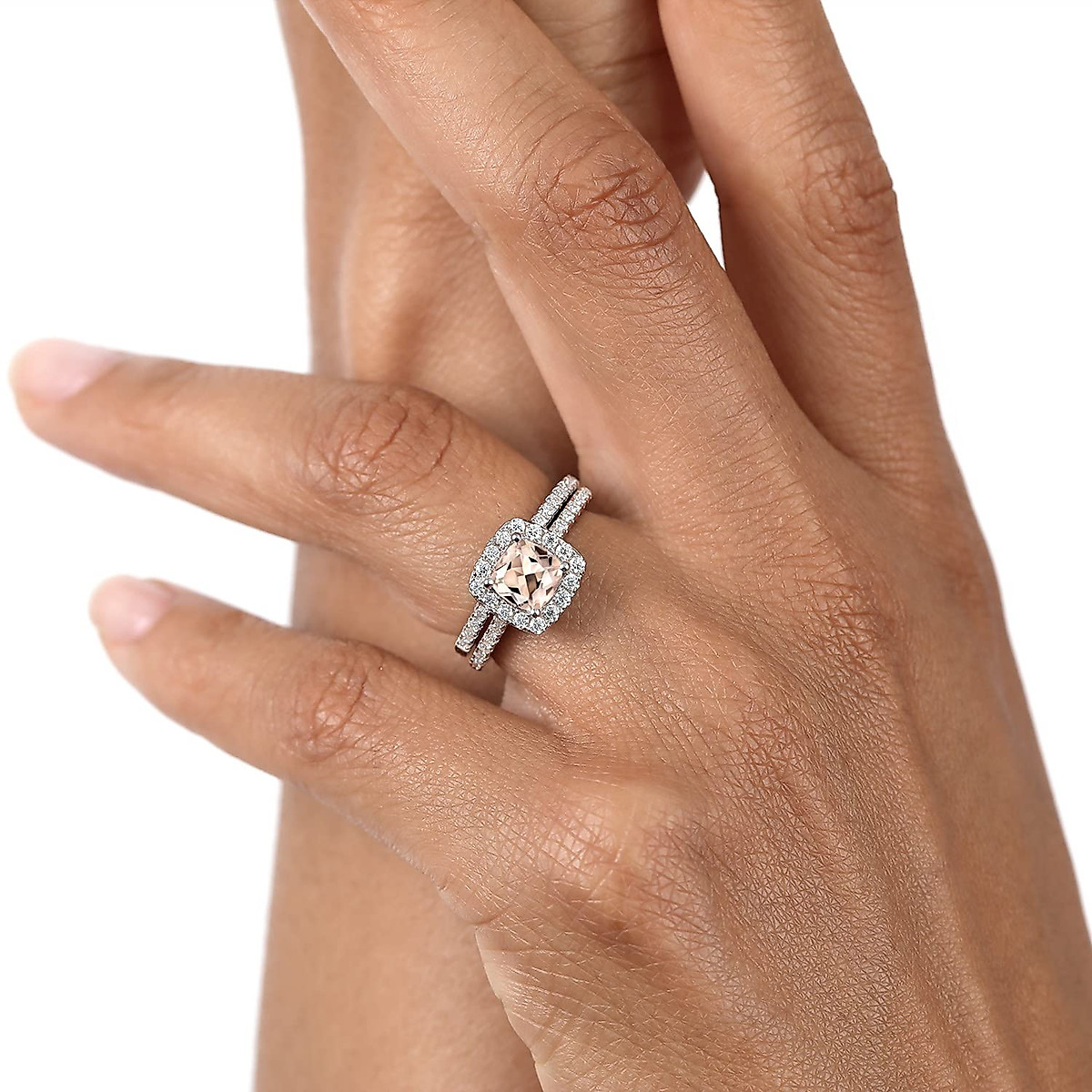 Gem Stone King 925 Sterling Silver Cushion Peach Morganite and Moissanite Wedding Engagement Ring Band Bridal Set For Women (1.34 Cttw, Gemstone Birthstone, Available In Size 5, 6, 7, 8, 9)