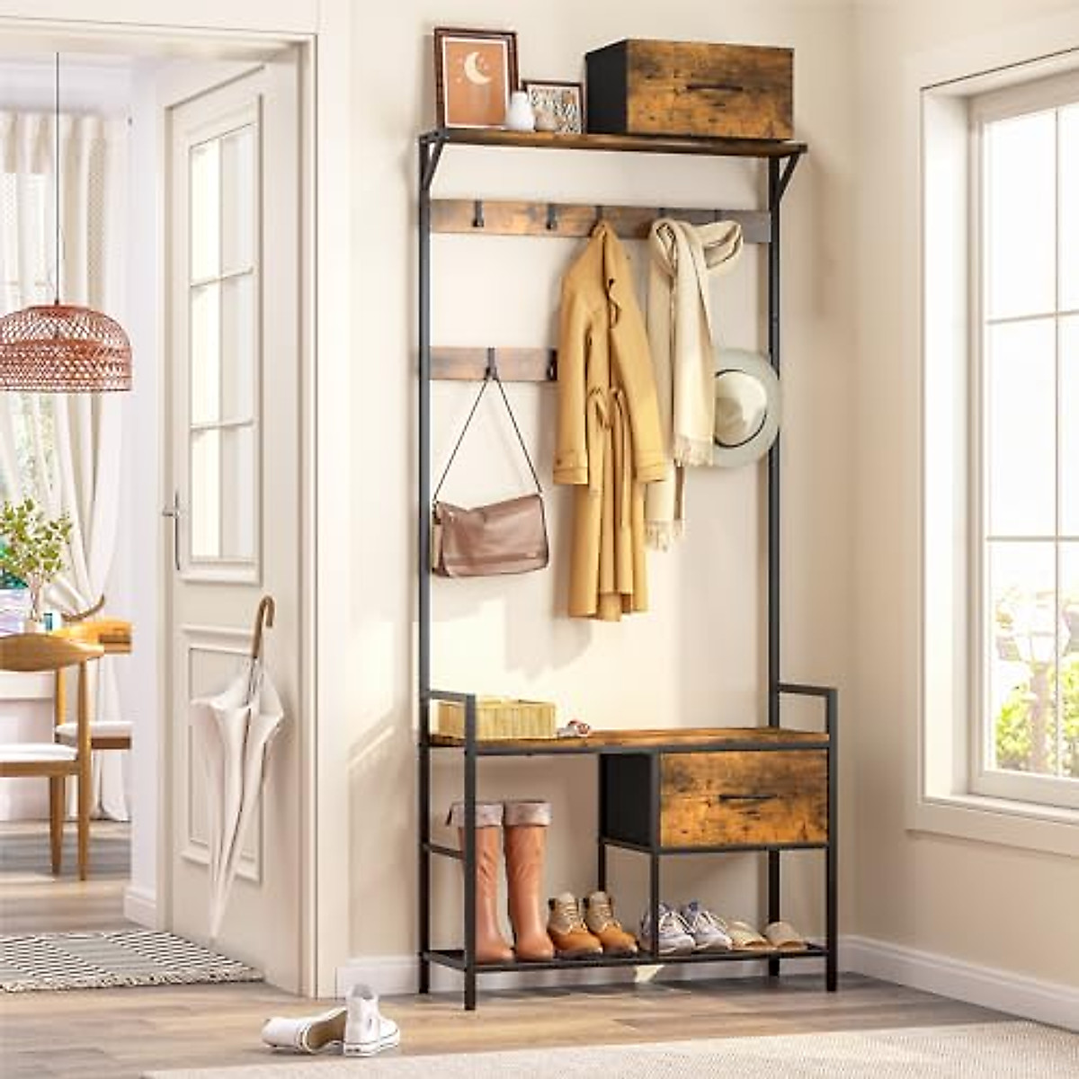 aboxoo Hall Tree with Storage Bench, Coat Rack, 2-Tier Shelves, Fabric Storage Basket, 10 Hooks, Industrial 5 in 1 Large Organizer, Wood Look Accent Furniture-Sturdy Metal Frame (Rustic Brown)