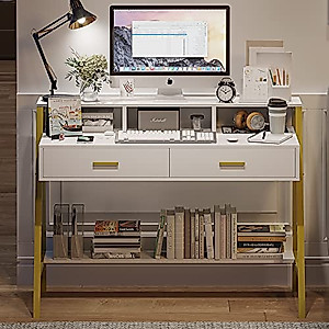 Tiptiper Modern Computer Desk with Drawers, Home Office Desk with Monitor Stand and Built-in Hutch, Writing Desk Workstation Table with Bookshelf, for Work & Study, White and Gold