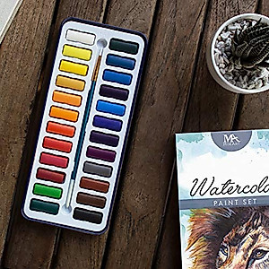 MozArt Supplies Watercolor Paint Essential Set - 24 Vibrant Colors - Lightweight and Portable - Perfect for Budding Hobbyists and Professional Artists - Paintbrush Included