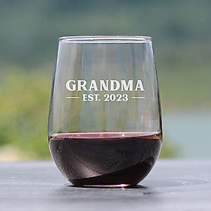 Grandma Est 2023 - New Grandmother Stemless Wine Glass Gift for First Time Grandparents - Bold 17 Oz Large Glasses