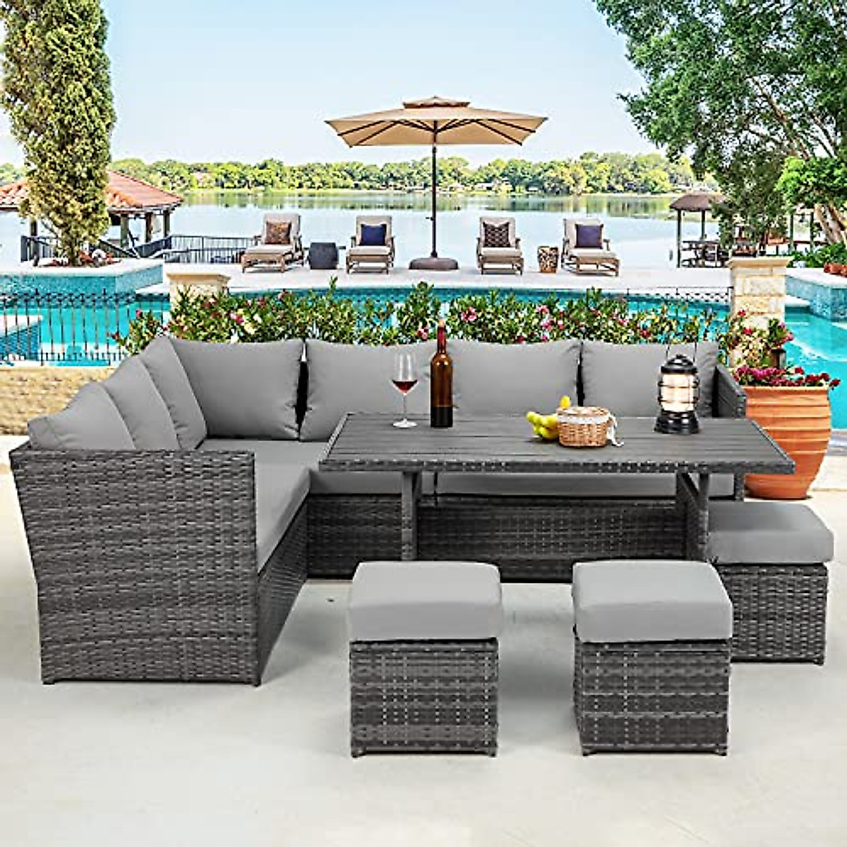 U-MAX 7 Pieces Outdoor Patio Furniture Set,Wicker Patio Furniture Set with Table and Chair, Outdoor Furniture Sets Clearance,Grey Rattan Outdoor Sectional with Grey Cushion