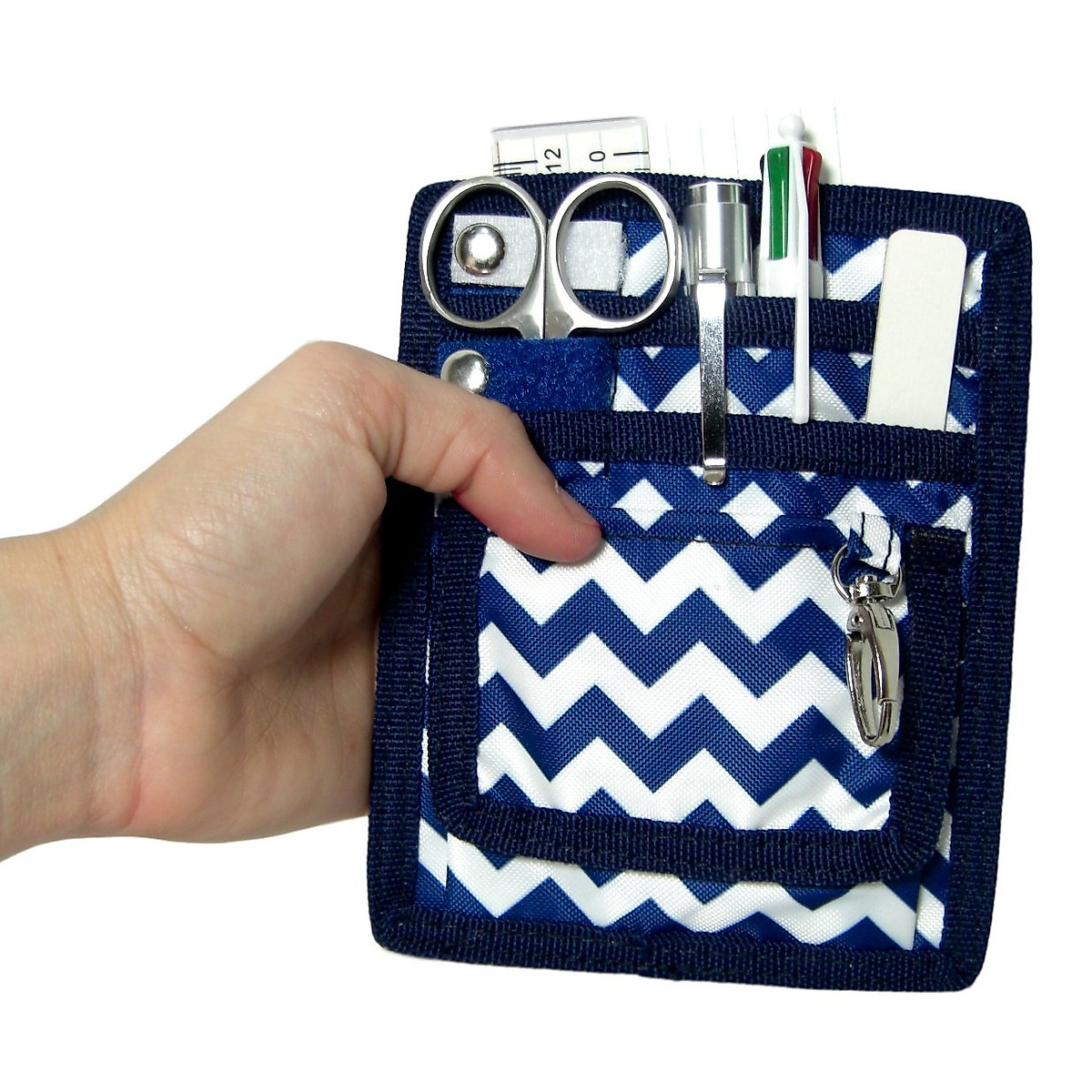 6 Piece Protective Lab Coat Pocket Organizer Kit has Fashionable Blue Chevron Pattern. 6 Pockets Packed With Needed Accessories