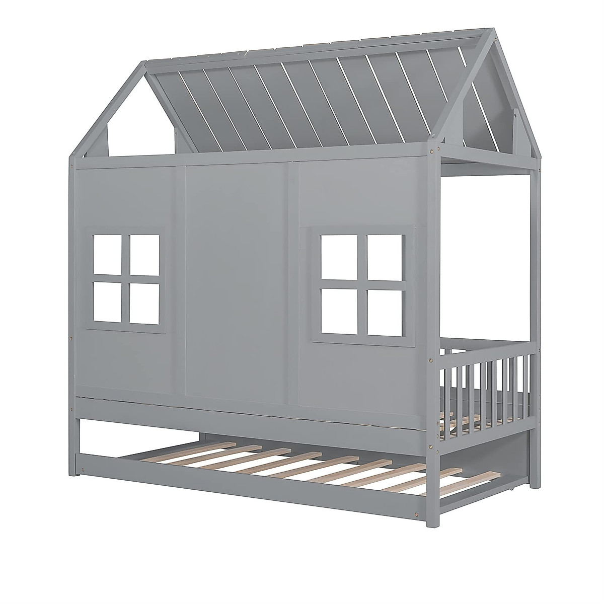 Bellemave Twin House Beds with Trundle for Kids Montessori Bed Wood Playhouse Tent Bed Frame for Girls Boys, Twin Size , Gray