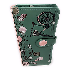 Shag Wear Vintage Postcard Floral Bicycle Large Wallet for Women and Teen Girls Vegan Faux Leather Teal 7"