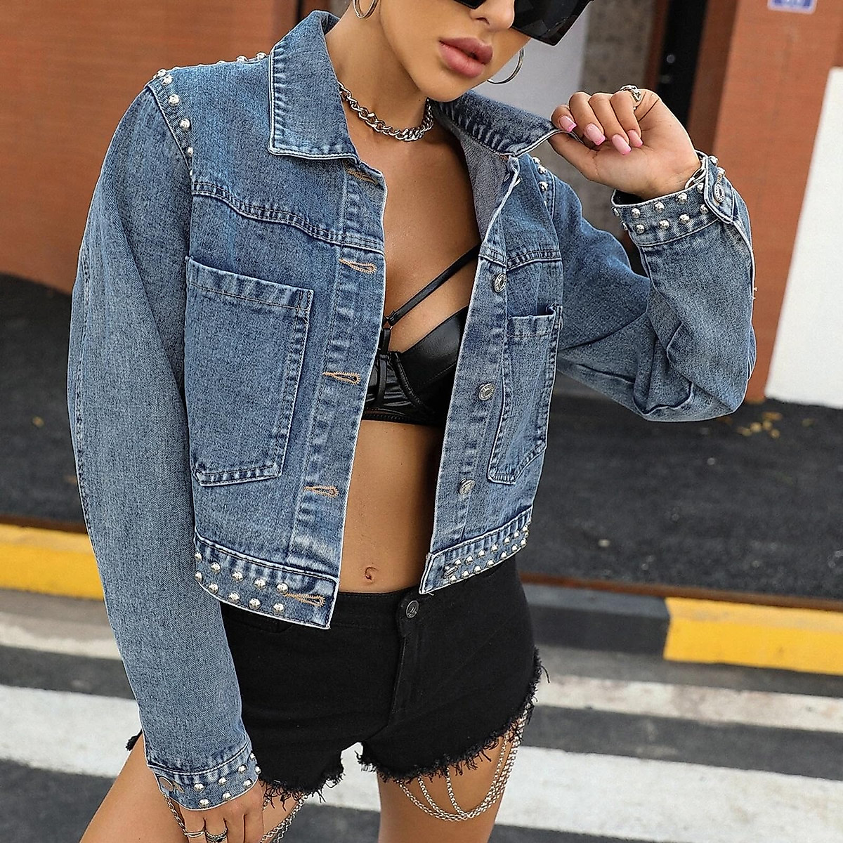 Women's Fashion Cropped Jean Jacket Lapel Long Sleeve Button Down Studded Short Rivet Denim Jacket Coat
