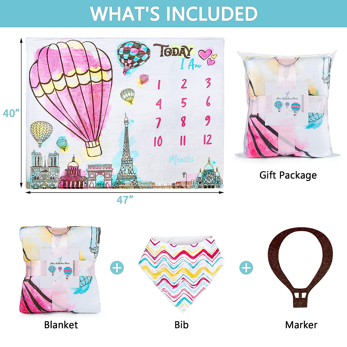 SUKOON Milestone Blanket for Baby Boy/Girl | Large - 47L x 40W | Personalized Baby Month Blanket with Hot Air Balloon Marker and Bib