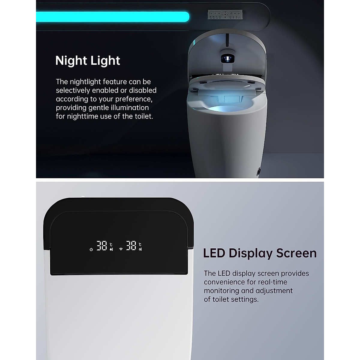 Smart Toilet,One Piece Bidet Toilet for Bathroom with Auto Open & Close Lid and Seat,Warm Water and Dry,Heated Seat,Foot Sensor and Night Light, Auto Flush