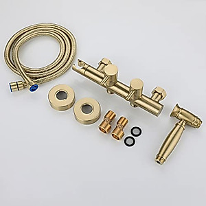 MINJING Bidet Sprayer Kit for Toilet Brushed Gold Multifunction Bidet Tap Wall Mounted Sprayer with Button Bathroom Toilet Bidet Mixer Spray Kit