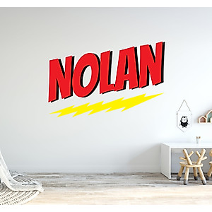 Custom Name Superhero Wall Decal - Superhero Name with Lightning Bolt Sticker - Personalized Superhero Name Wall Sticker - Superheroes Nursery Wall Decor - Wall Decal For Nursery bedroom Decoration (Mini Wide 15"x9")