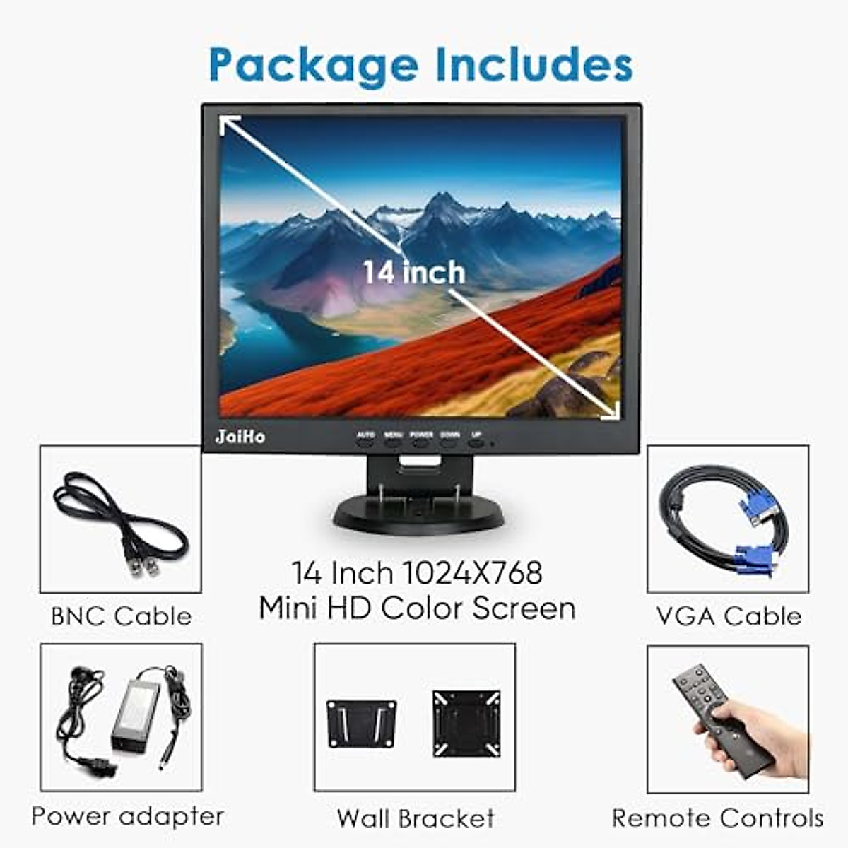 JaiHo 14 Inch LCD Security CCTV Monitor, 1024x768 4:3 Resolution Color TFT LCD Display Screen with HDMI/VGA/BNC/AV Ports for Surveillance Camera, STB and Other Video Equipment, Built-in Speaker
