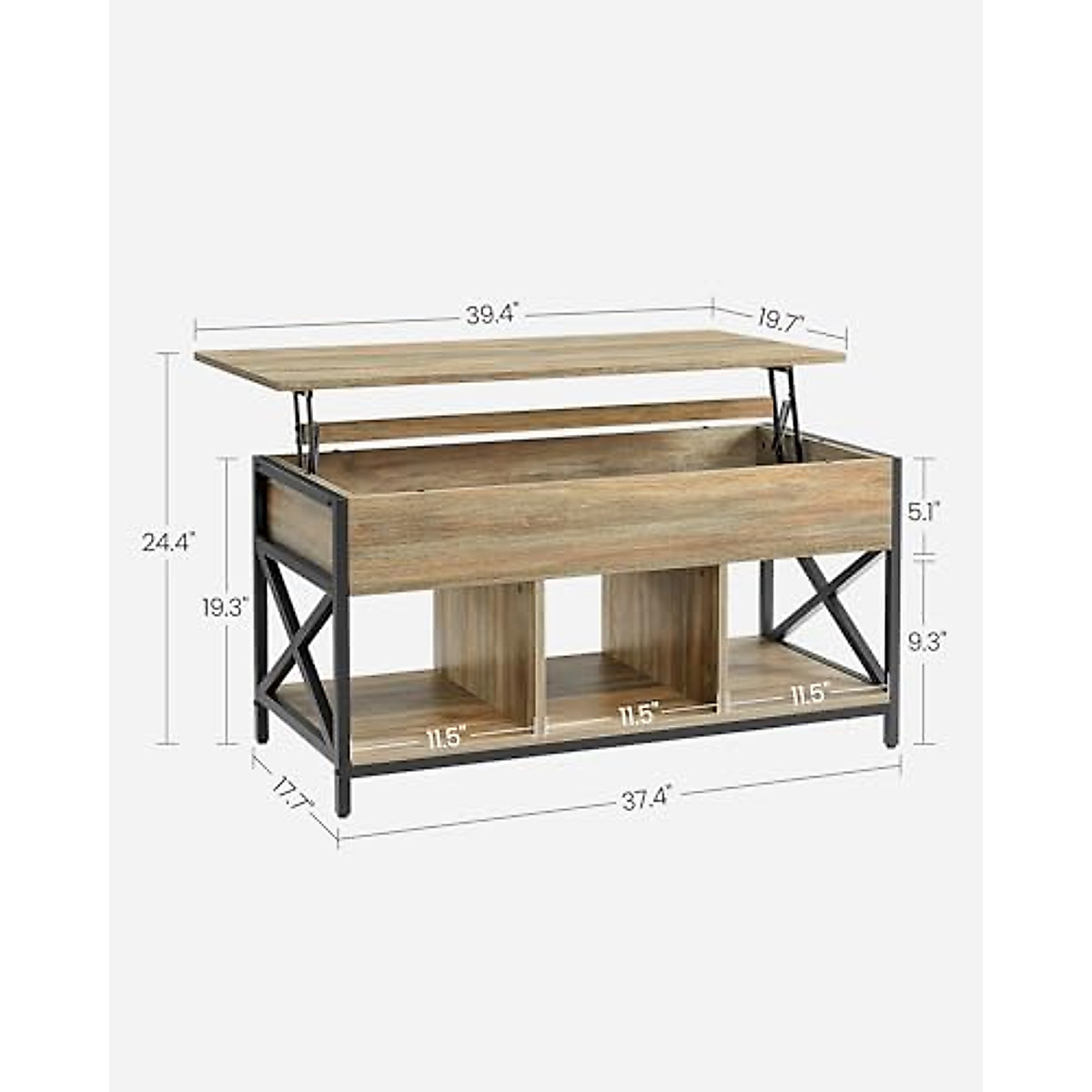 VASAGLE Lift Top Coffee Table for Living Room, Industrial Coffee Table with Hidden Compartments and Storage Shelf, Steel Frame, 19.7 x 39.4 x (19.3-24.4) Inches, Oak with Blue Grains ULCT202B60