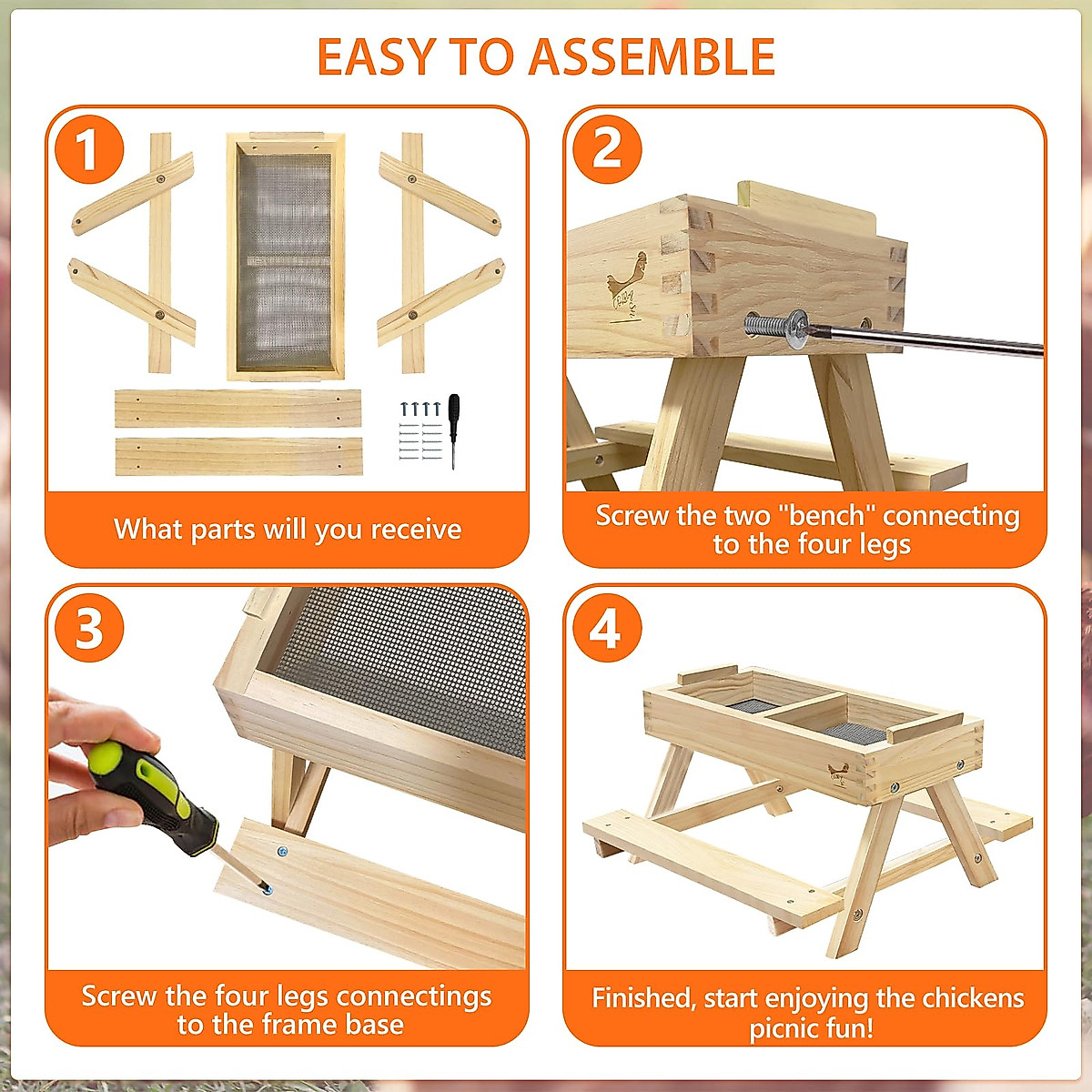 COLRASN Chicken Picnic Table,Chicken Feeder No Waste Handmade Wooden, DIY Chicken Feeder Kit, 15.7" L X 15" W X 10" H, Duck Feeder No Mess, Easy to Clean and Fill, Keep Food Fresh and Dry