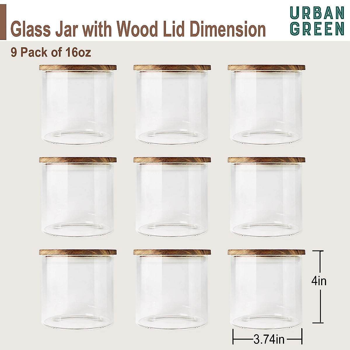 Urban Green Glass Jars with Airtight Lids, Airtight Glass Canisters with Wood Lids, Glass Food Storage Containers with Lids, Glass Food Jars for Spice and Herbs (9 Pack of 16oz)