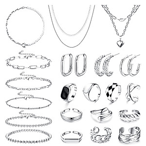 Sanfenly 21 PCS Silver Jewelry Set with 3 PCS Silver Plated Necklaces, 5 PCS Chain Bracelets, 3 Pairs Hoop Earrings, 10 Pcs chunky Rings for Women Fashion Jewelry Valentine Anniversary Birthday Gift