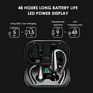 Wireless Earbuds Bluetooth Headphones with Earhooks Waterproof IPX7 Over the Ear Buds Wireless Bluetooth Sports Workout Earbuds with LED Display for Gym Running Exercise Fitness with Microphone