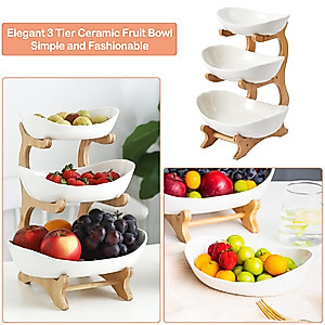 Goyappin 3 Tier Ceramic Fruit Bowl, with Bamboo Wood Stand, White Kitchen Fruit Basket Stand Fruit Serving Tray Set for Vegetable Storage, Snack Dessert Cake Candy Tray Plate Holder