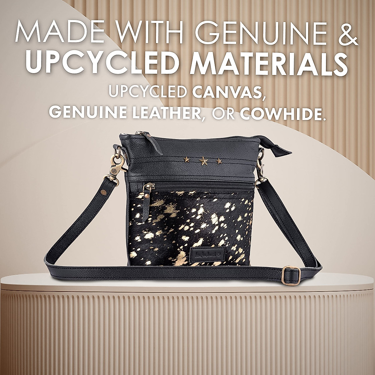 SIXTEASE Crossbody Bag for Women Vintage Style Genuine Leather, Upcycled Canvas, Rug, or Hair On - Cross Body Womens Bags with Inside Zipper Pockets - Black