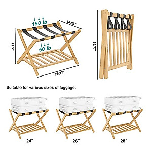 Smart FENDEE 26.77" Fully Assembled Natural Luggage Rack for Guest Room, Bamboo Wide Suitcase Stand with Storage Shelf, Folding Luggage Holder for Bedroom, Hotel