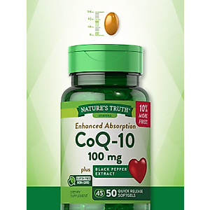 CoQ10 100mg | 50 Softgels | Enhanced Absorption Supplement | Plus Black Pepper Extract | Non-GMO and Gluten Free Formula | by Nature's Truth
