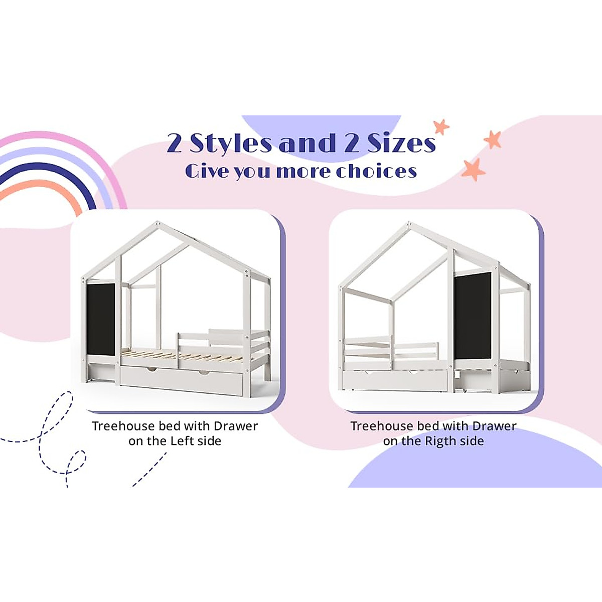 DNYN Twin Size House Bed with Storage Drawers for Kid Bedroom,Solid Wood Platfrom Bedframe w/Blackboard Design,Super Save Space & No Box Spring Needed, White