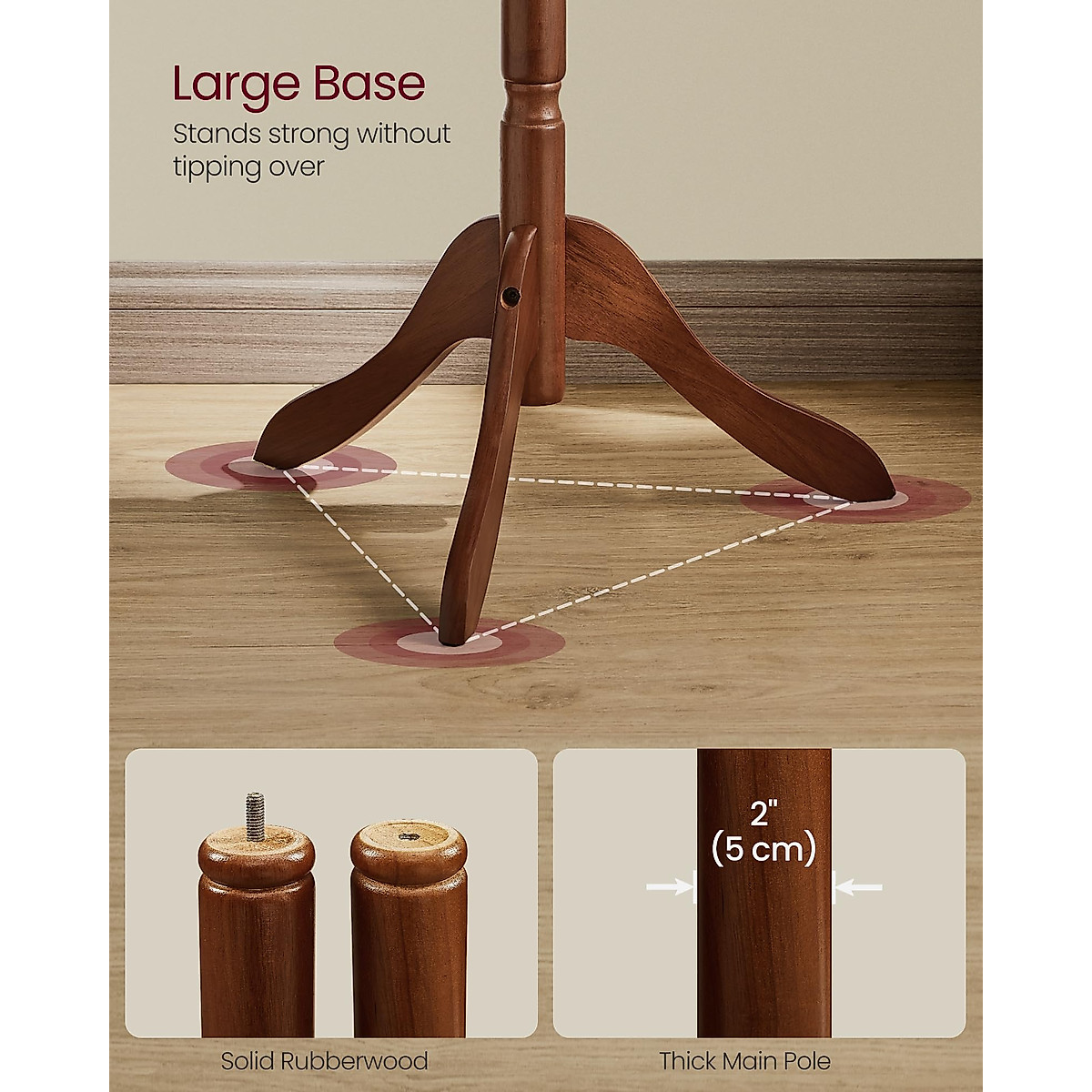 VASAGLE Solid Wood Coat Rack and Stand, Free Standing Hall Coat Tree with 10 Hooks for Hats, Bags, Purses, for Entryway, Hallway, Rubberwood, Dark Walnut URCR03WN