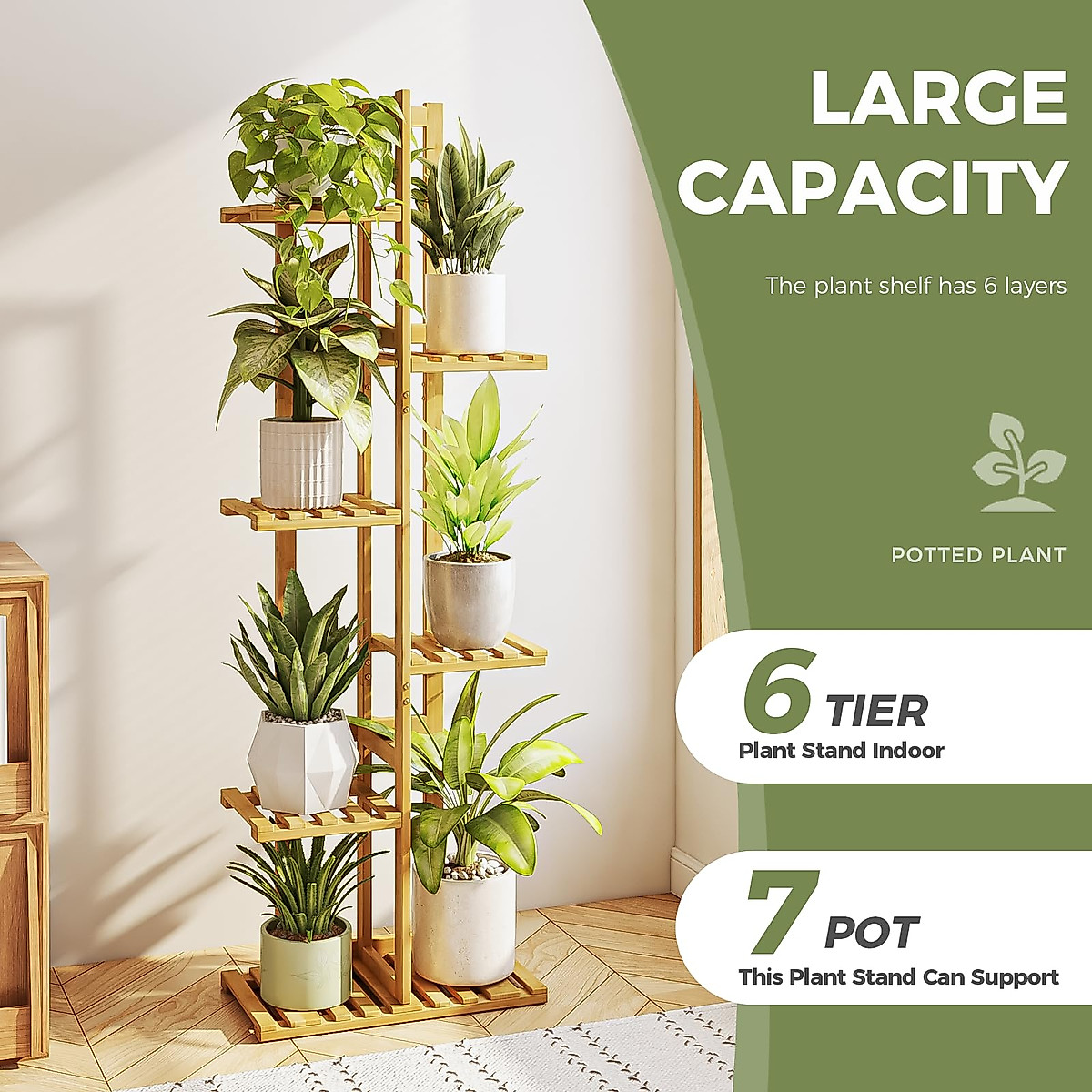 Bamworld Bamboo Plant Stand Indoor, 6 Tier Tall Plant Shelf for Multiple Plants, Tiered Corner Flower Stand for Window Garden Balcony Home Decor Living Room Bedroom