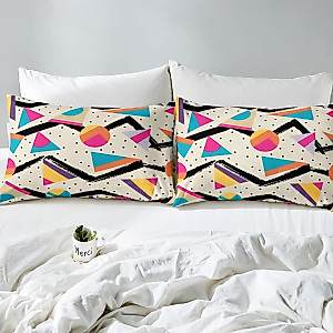 80s 90S Fashion Style Bedding Set Queen Size,Retro Memphis Style Pattern with Geometrical Shapes Duvet Cover for Kids Child,Funky Hipster Old Fashioned Comforter Cover Geometric Bedroom Decor