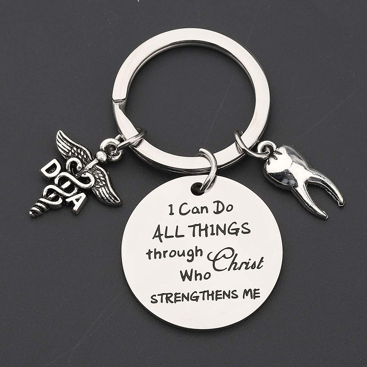 LQRI DA Gift Dental Assistant Keychain I Can Do All Things Through Christ Who Strengthens Me Keychain Dental Assistant Jewelry Dentist Gift DA Graduation Gift (sliver)