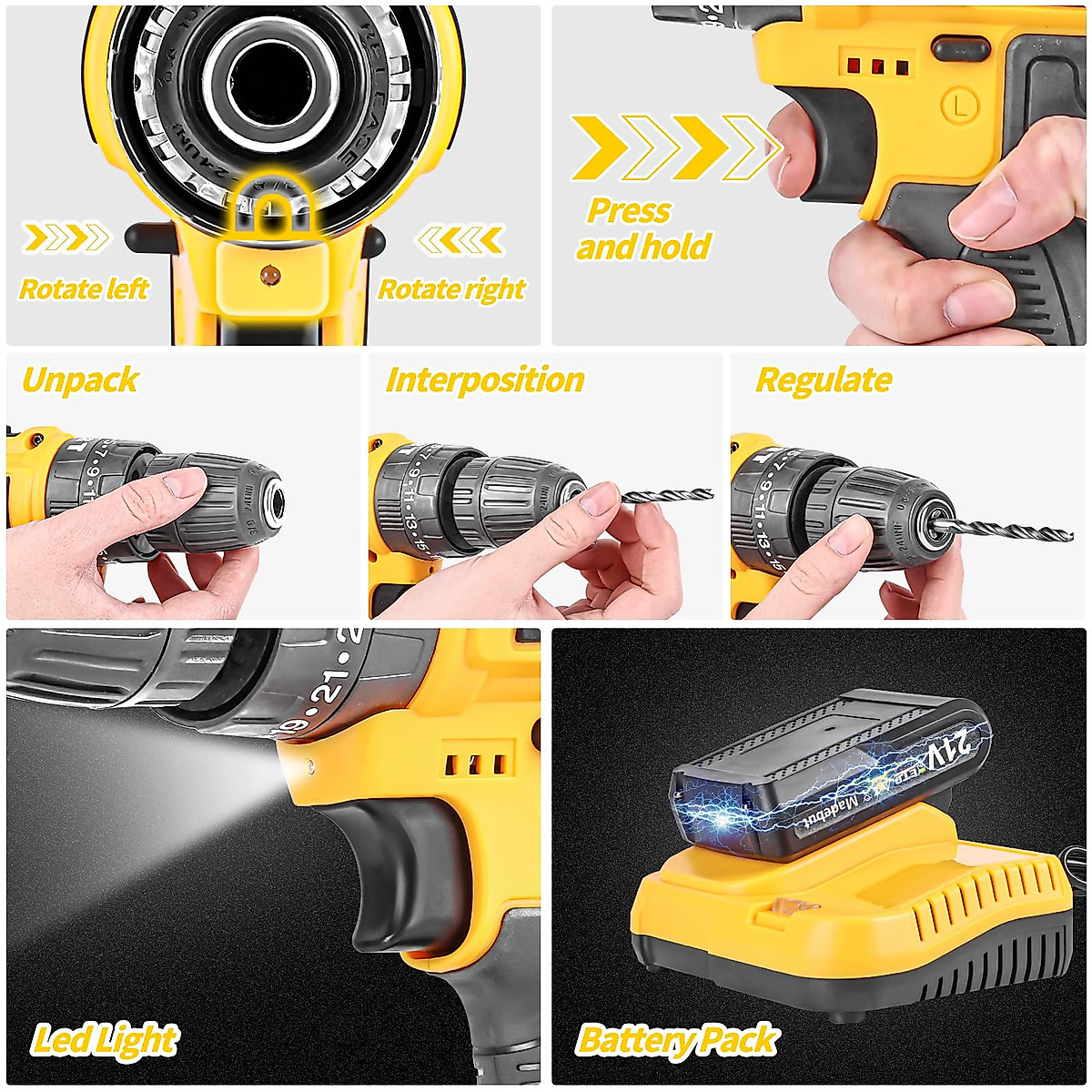 118 Pcs Electric Drill Cordless, 21V Cordless Drill Set with 2 Batteries, 2-speed Drill Kit with Led Light, Home Tool Kit with Impact Driver, Tool Kit for Home, DIY Power Drill with Tools for Men