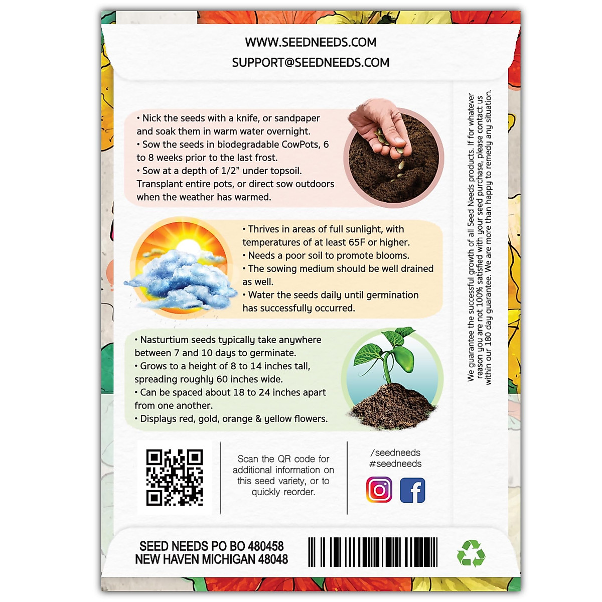 Seed Needs, Double Gleam Nasturtium Seeds - 70 Heirloom Seeds for Planting Tropaeolum majus - Edible Flowers to Add to Salads, Grow in a Butterfly Garden to Attract Poillinators (1 Pack)