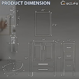 eclife 36" Bathroom Vanity Sink Combo White W/Side Cabinet Set Blue Boat Tempered Glass Vessel Sink & ORB Water Save Faucet & Solid Brass Pop Up Drain, W/Mirror (A29BU B02W)