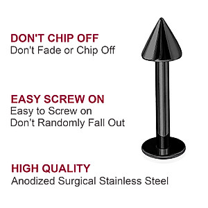 bodyjewellery 6pcs 16g Labret Stud Lip Ring Cartilage Tragus Snakebite Monroe Triple Forward Helix Conch Medusa Lobe Black Spike - 8mm